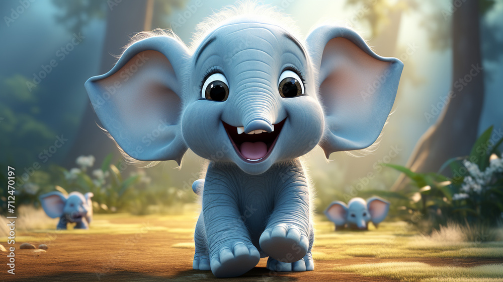 Cartoon 3d , A cute couple little elephant , laughing cutely on a white ...