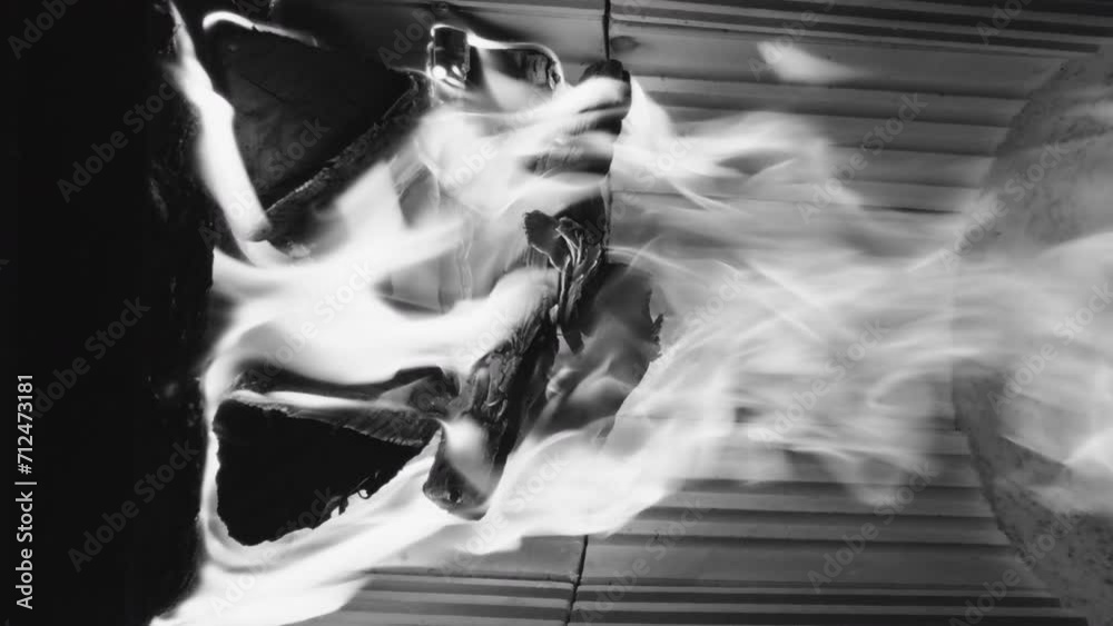 monochrome footage of vertical 4k UHD footage of a cozy, warm fire ...