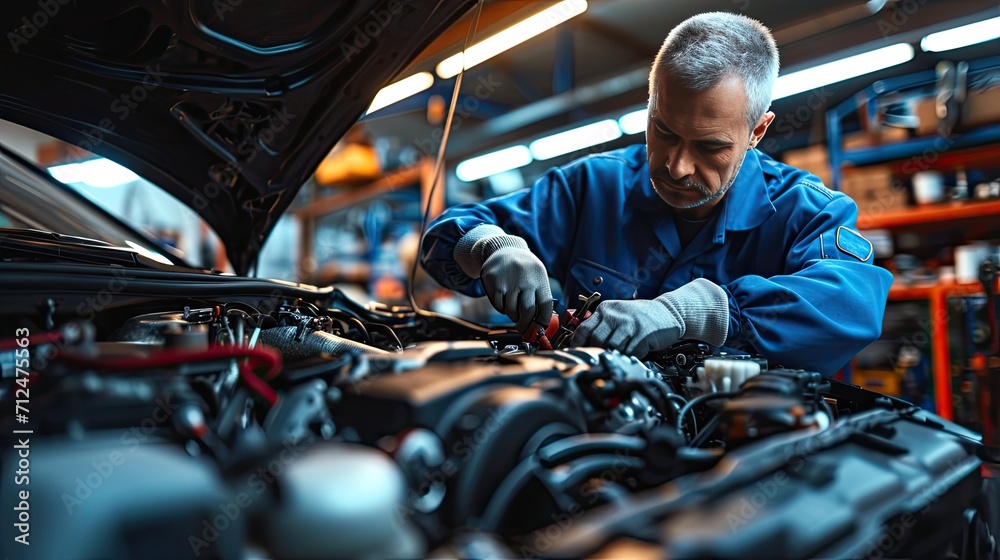 skilled auto mechanic, wearing a blue jumpsuit, intensely focused on ...