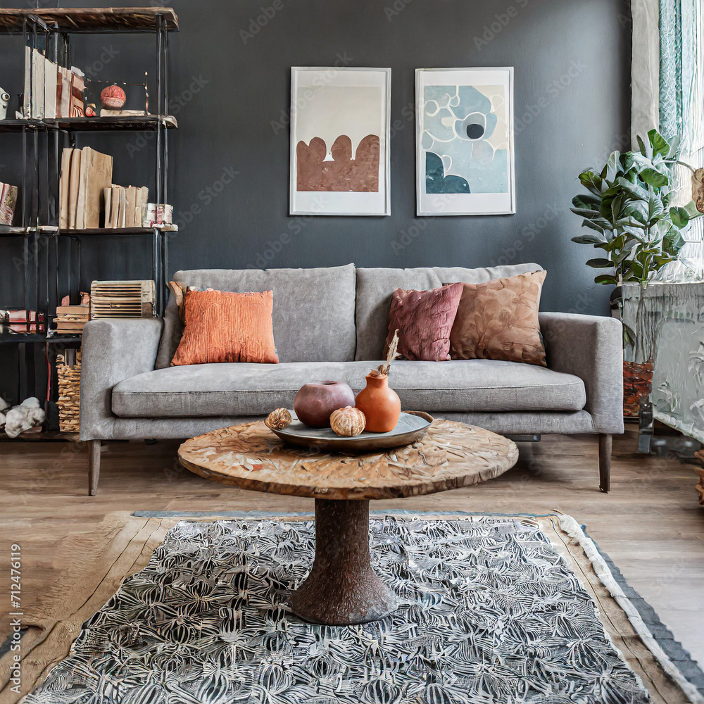 Farmhouse home interior design of modern living room. Rustic accent ...