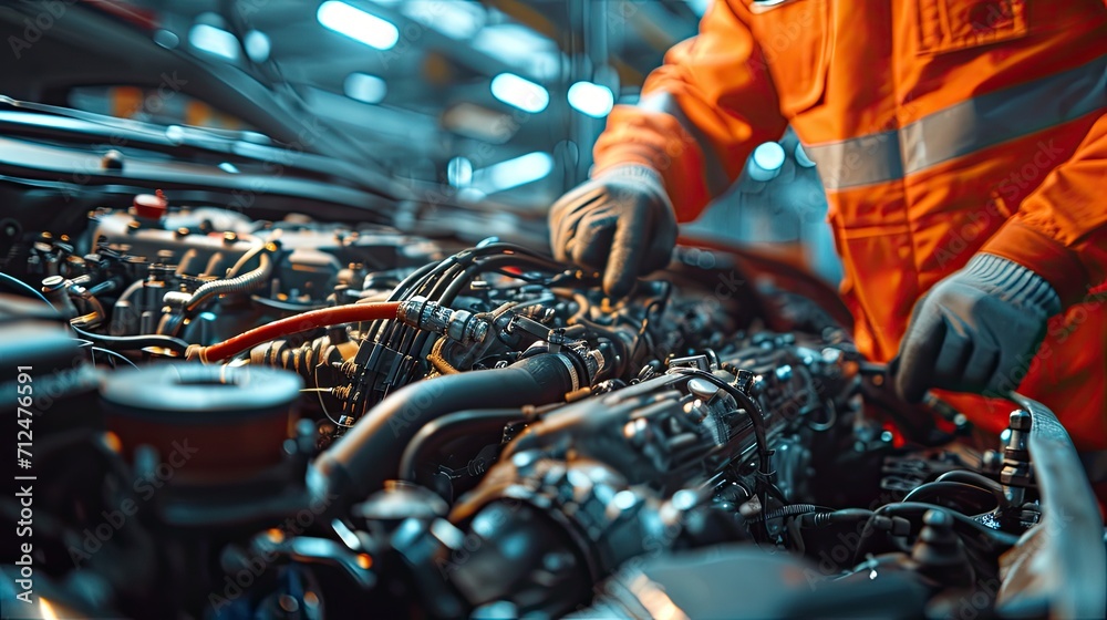 A photograph of a skilled auto mechanic, wearing a blue jumpsuit ...