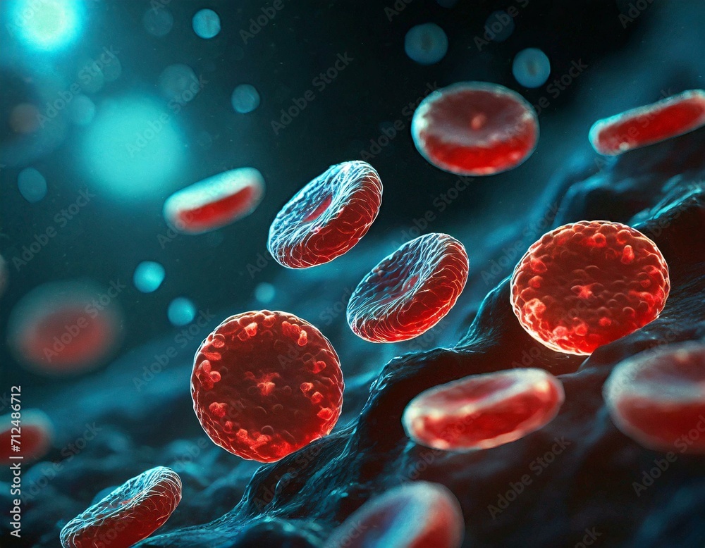 Microscopic view of a group of red blood cells inside blood vessel ...