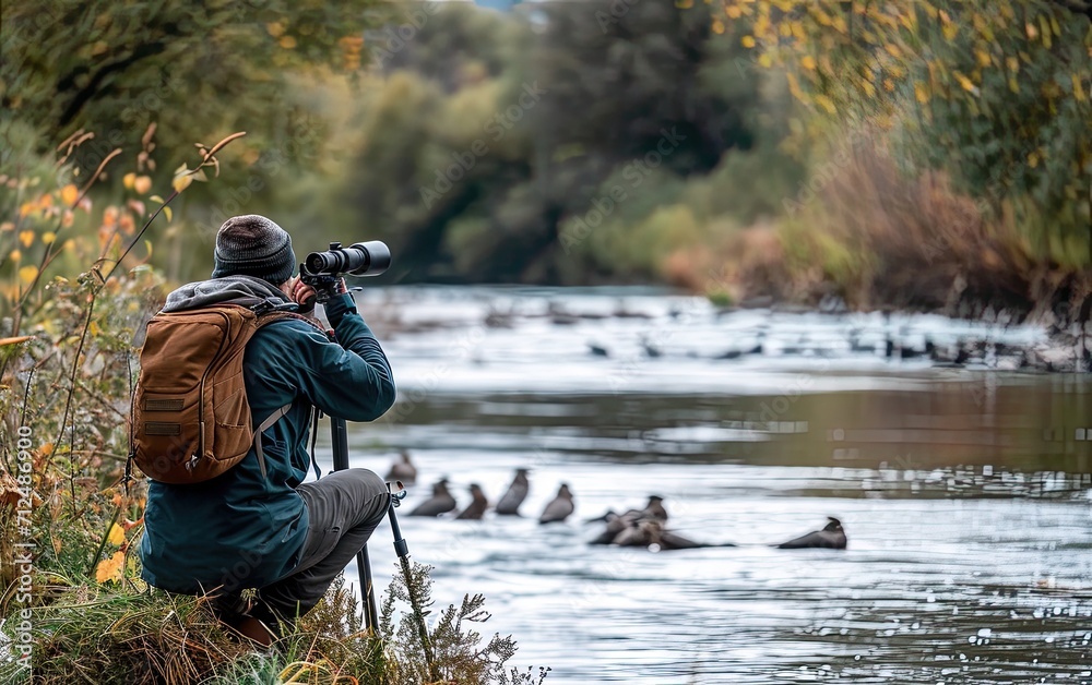 Riverside Birding Expedition: A birder along a riverbank, equipped with ...