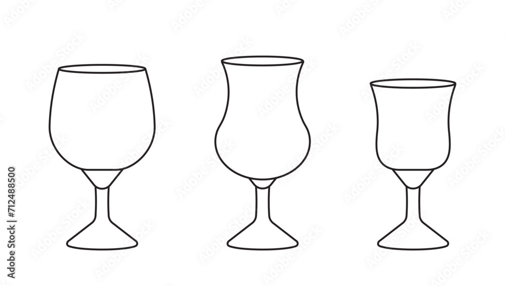 Set of various glasses for alcohol and non alcohol drinks in outline ...