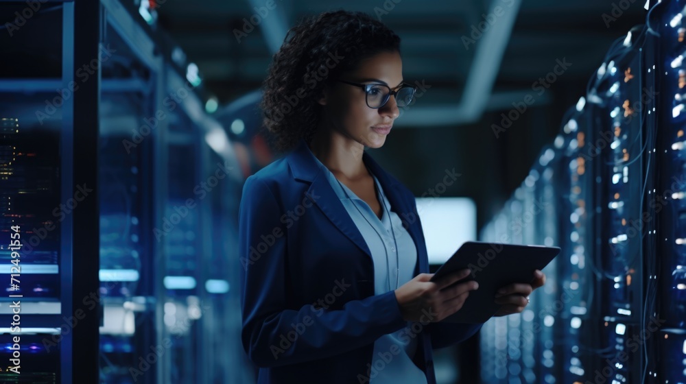 Successful Female Data Center IT Specialist Using Tablet Computer, Turning Augmented VFX ...