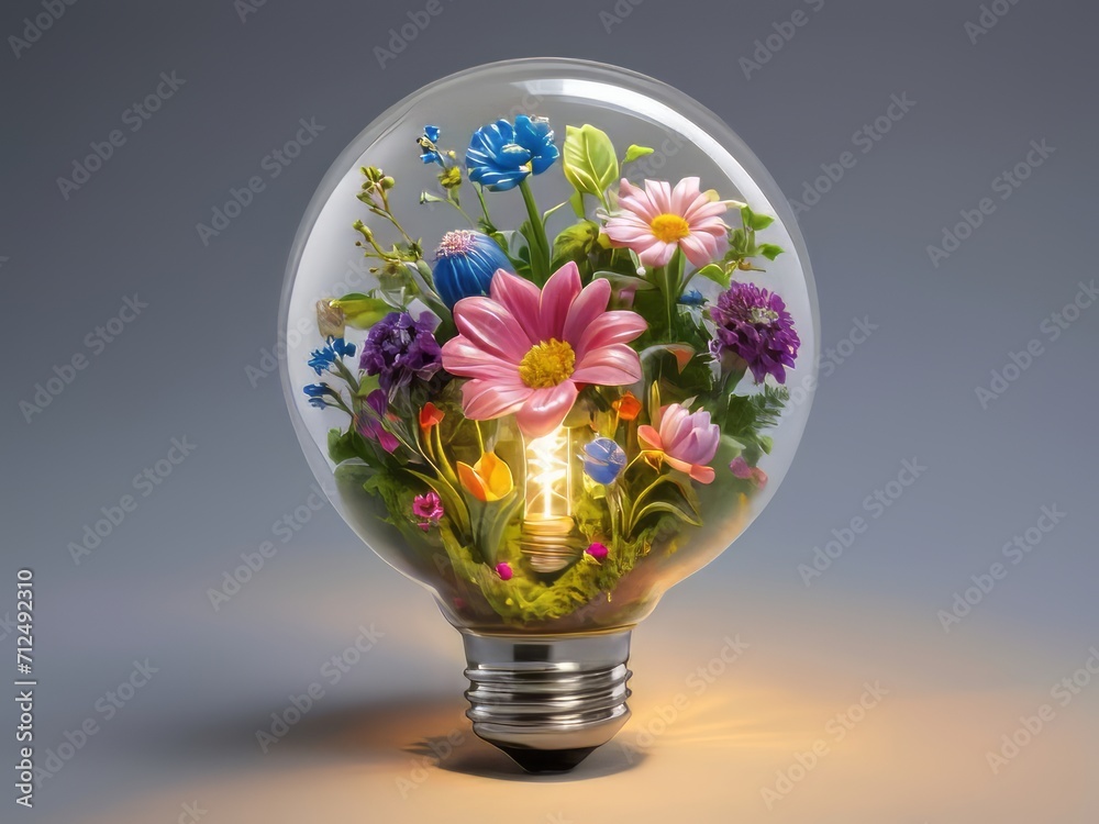 una bombilla tradicional, con un jardín en miniatura de flores ...