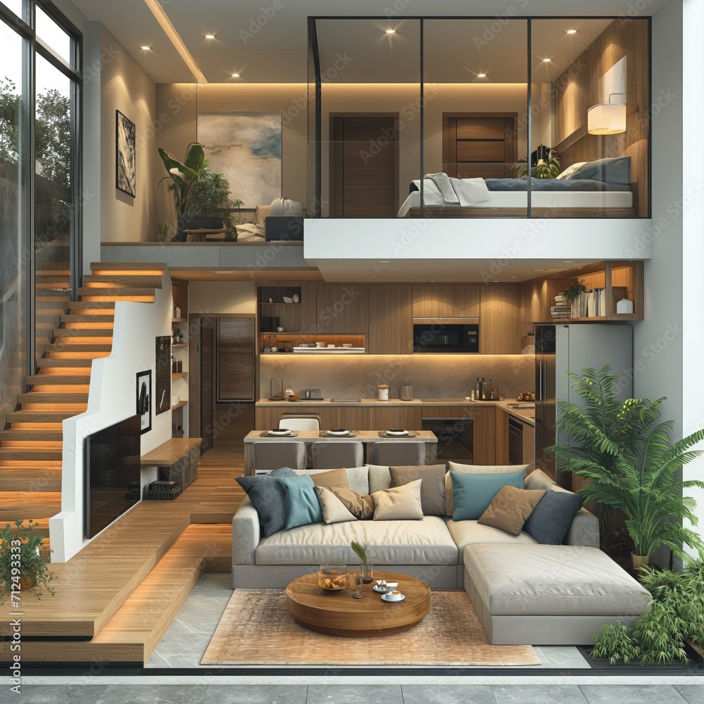 contemporary two-story studio apartment depicted in a cutaway view. The ...
