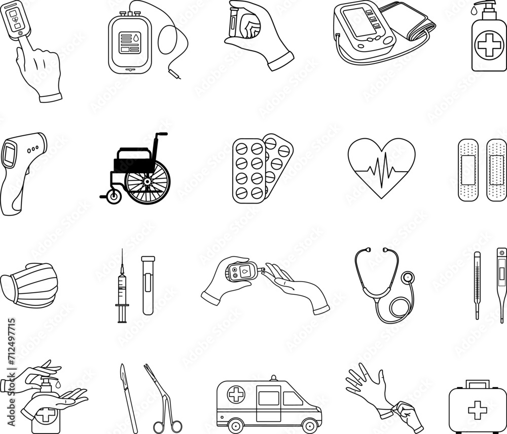 Set of Medical Items for Coloring Pages. Syringe, Test Tube, Tonometer ...