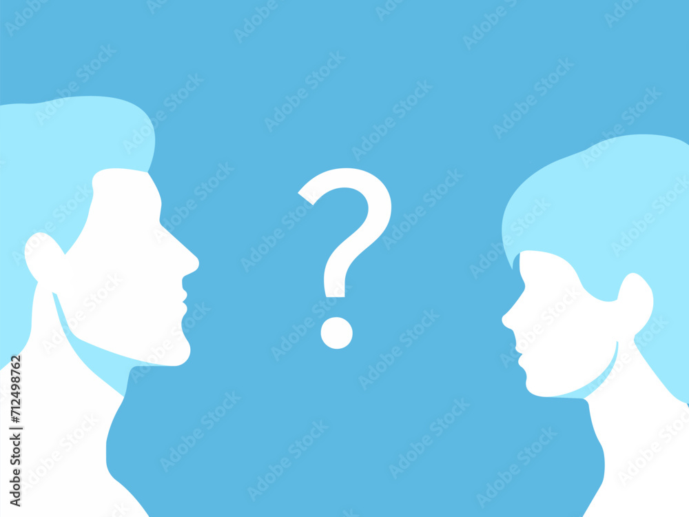 Profile portrait of a man and a boy looking at each other. Question ...