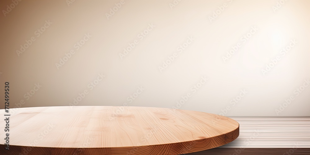 Clean and bright interior with an empty, beautiful, round wood table ...