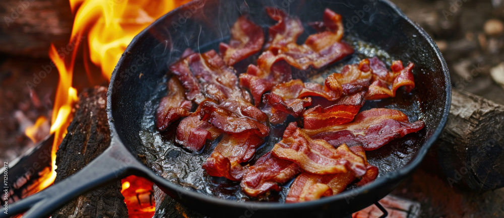Crispy bacon sizzles over an open flame, smoke and fire adding to the ...