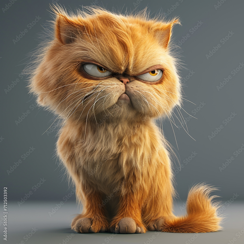 Angry and clumsy Persian cat in 3D cartoon style. Dark background ...