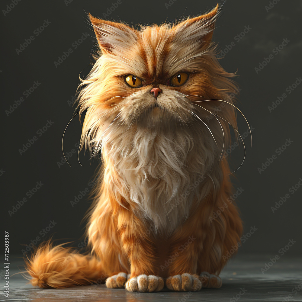 Angry and clumsy Persian cat in 3D cartoon style. Dark background ...