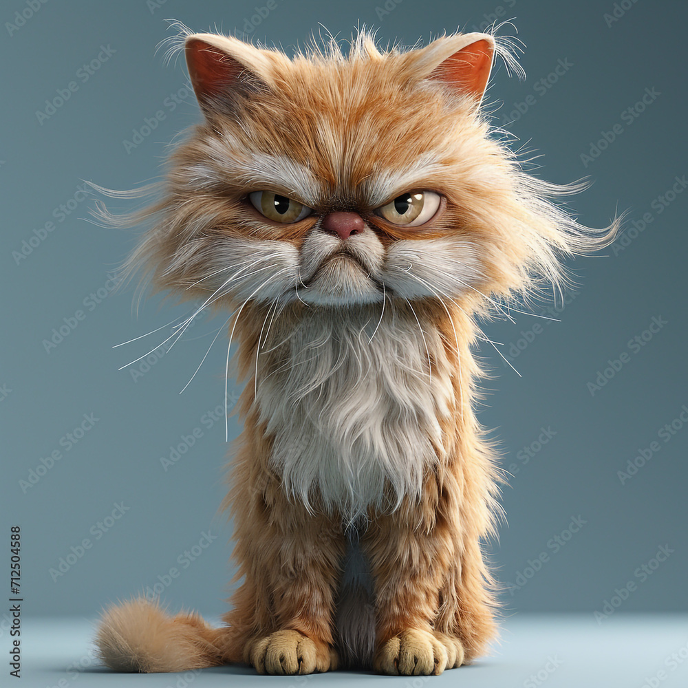 Angry and clumsy Persian cat in 3D cartoon style. Dark background ...