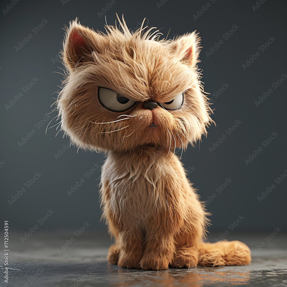Angry and clumsy Persian cat in 3D cartoon style. Dark background ...