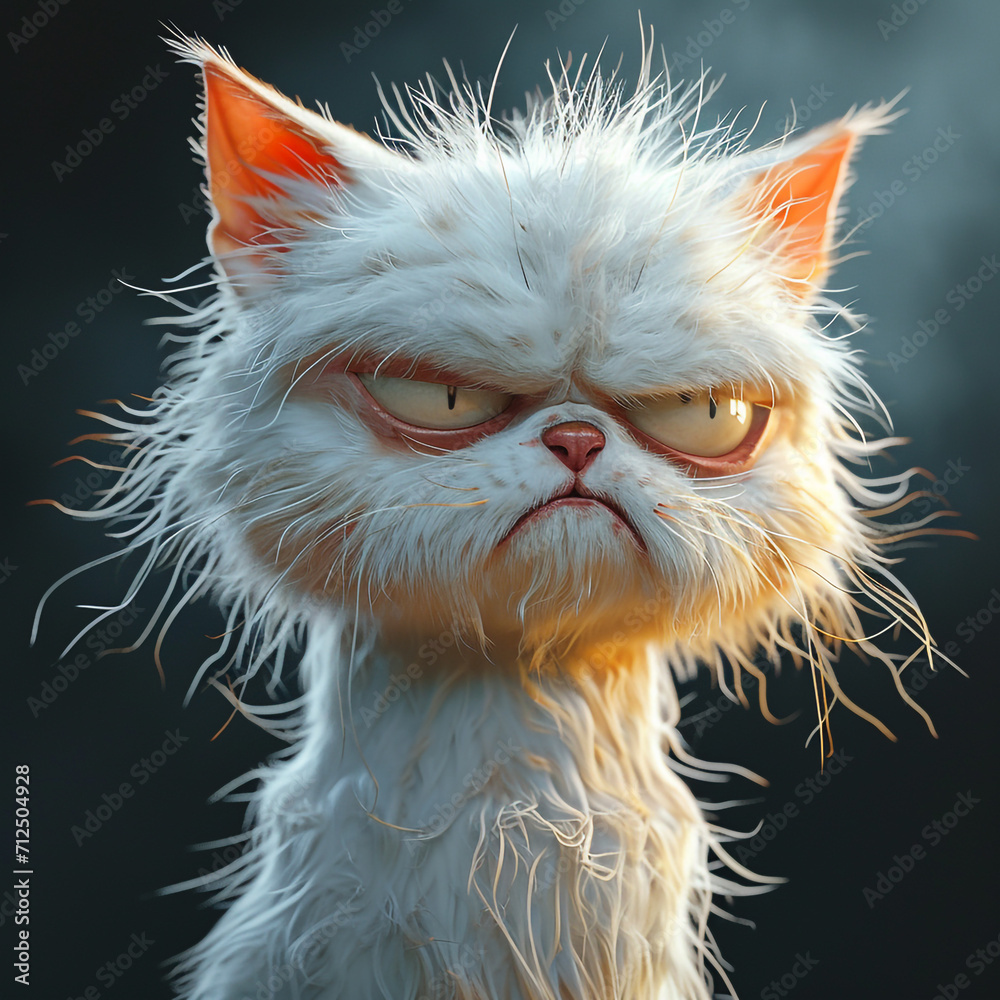 Angry and clumsy Persian cat in 3D cartoon style. Dark background ...