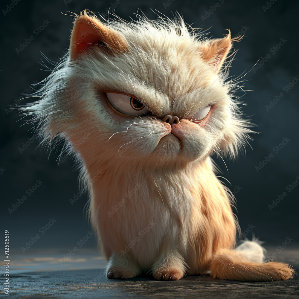 Angry and clumsy Persian cat in 3D cartoon style. Dark background ...