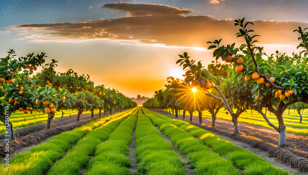Morning view of fruit bearing orange orchard with trees in USA, view of ...