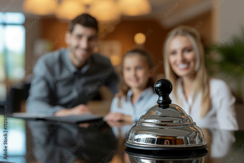 Closeup photo of bell for staff at hotel reception desks and happy ...
