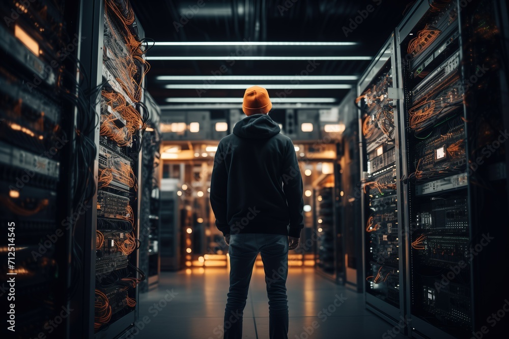 An engineer walking around the server room for inspecting and checking ...