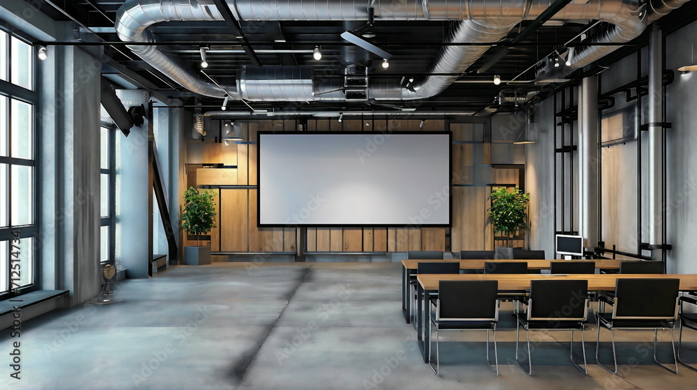A presentation area or conference room that utilizes exposed ductwork ...