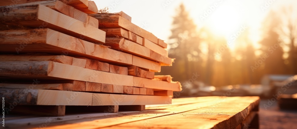 Close-up view of stacked pine tree planks with bark in a sunny outdoor ...