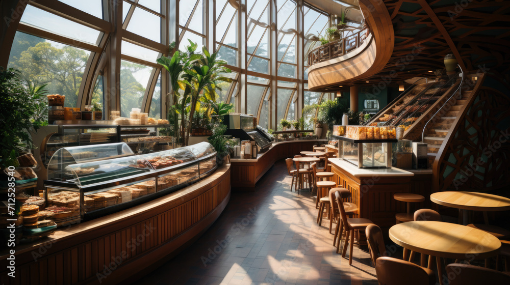 Nice coffee house in a loft style with big panoramic windows and ...