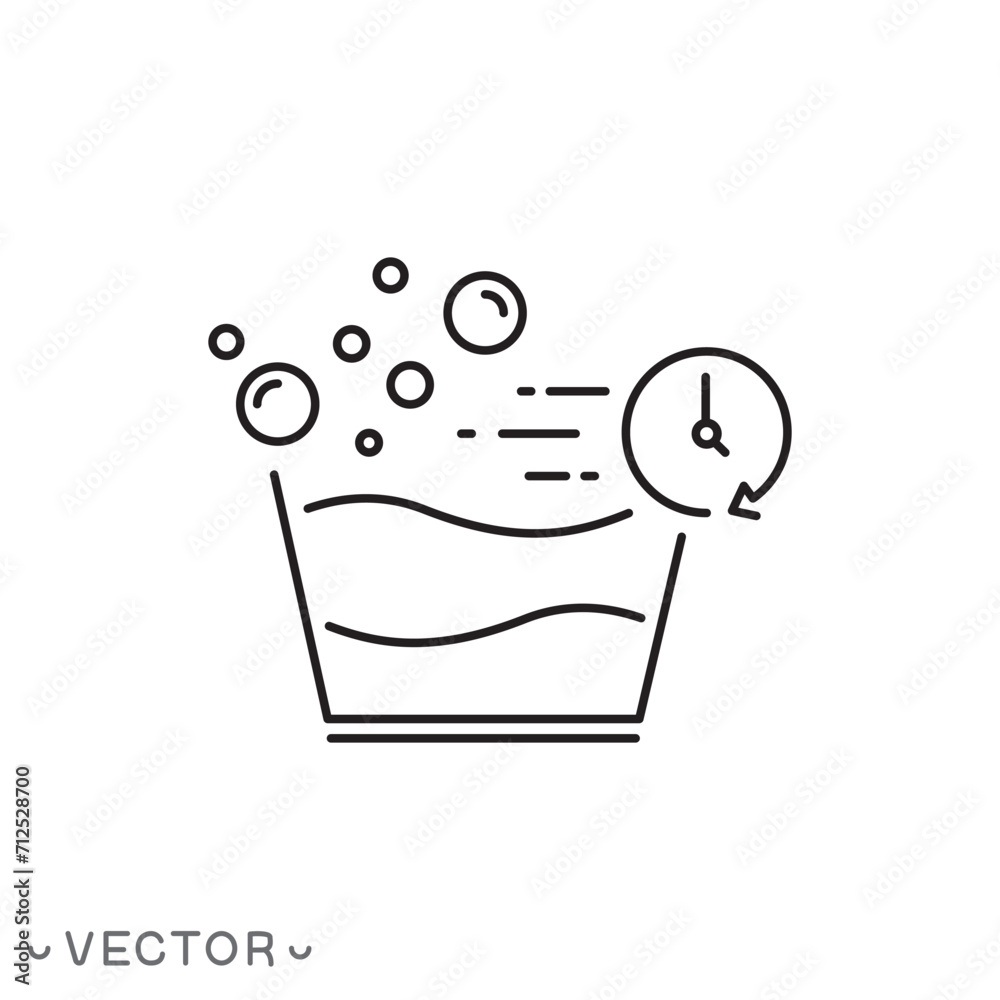 quick wash icon, washing with clock, fast time clean, thin line symbol ...