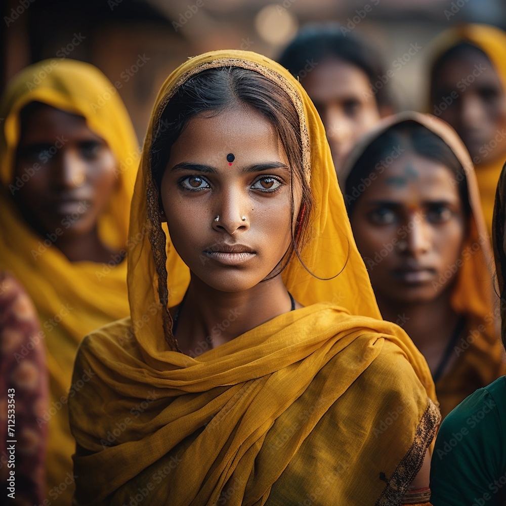 Portrait of beautiful indian. Indian women dressed in yellow sari ...