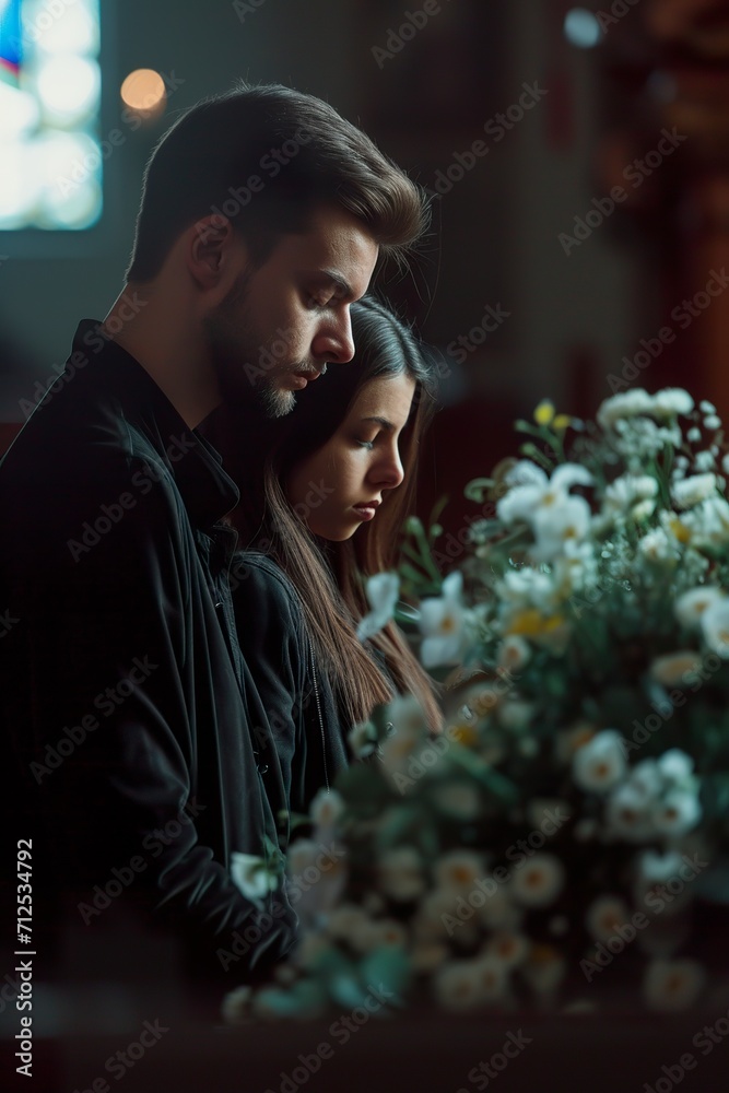 A sad funeral scene with a couple next to the deceased in a church. Sad ...