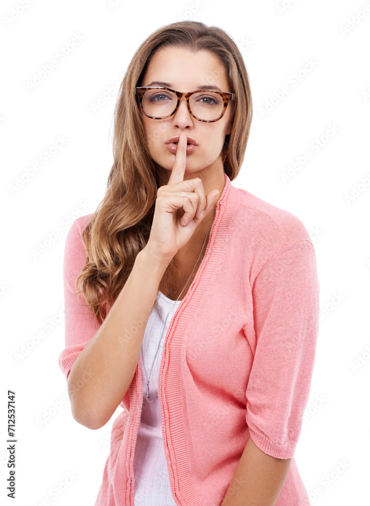 Portrait, secret and woman with finger on the lips, news and model ...