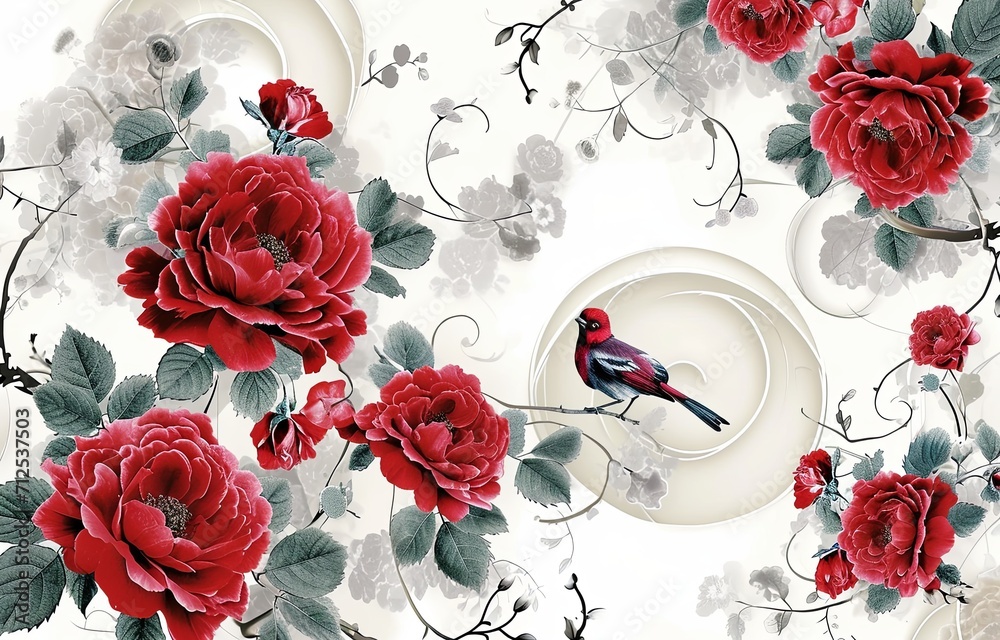 Red roses wallpaper with flowers and birds on white background, in the ...