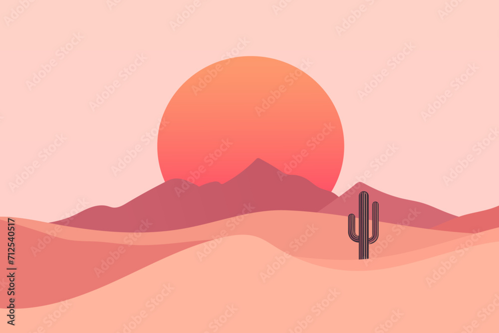 Abstract minimalistic desert landscape. Mountains, sand dunes and ...