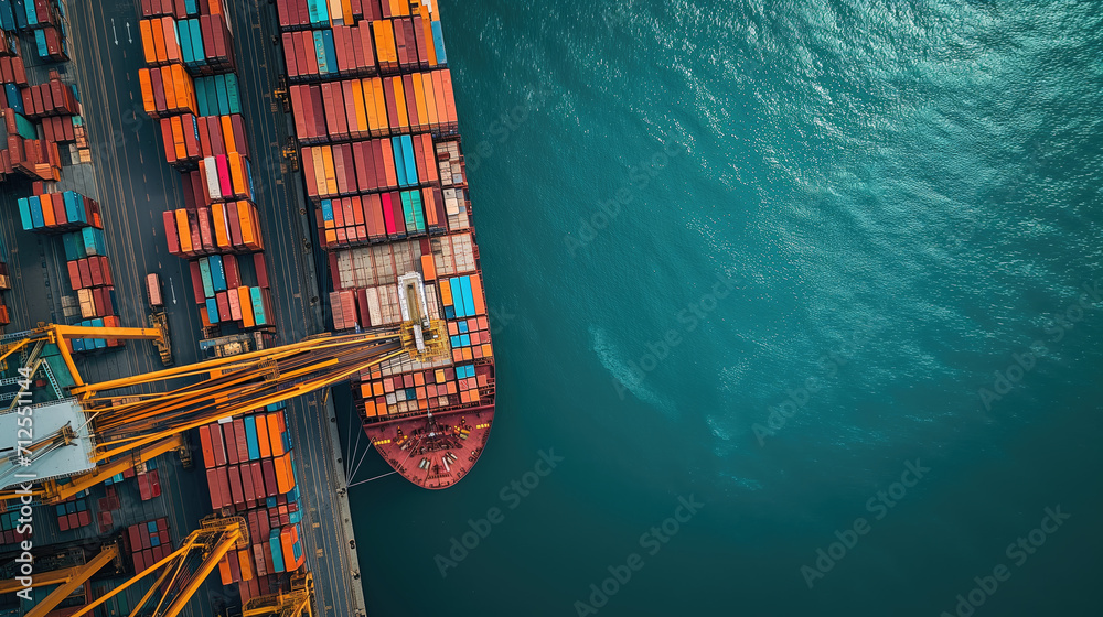 An aerial view shows the complex structure of a seaport with neatly ...