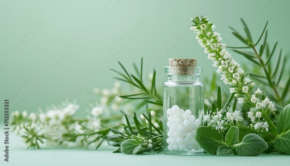Glass bottles with homeopathic globules on a light green background ...