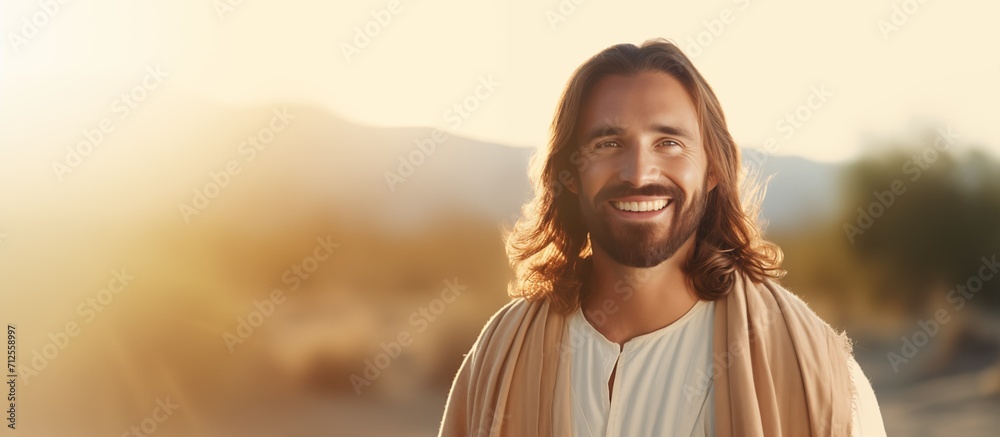 Smiling Jesus Christ in the rays of the shining sun on an unfocused ...