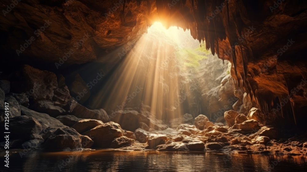 beautiful hidden cave with a small pool of water and a ray of sun ...