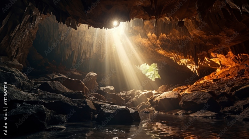 beautiful cave with a small pool of water and a ray of sun entering ...