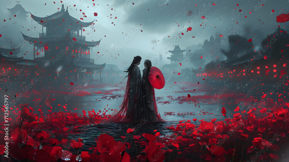 Amidst a serene lake, two women stand surrounded by a sea of fiery red ...