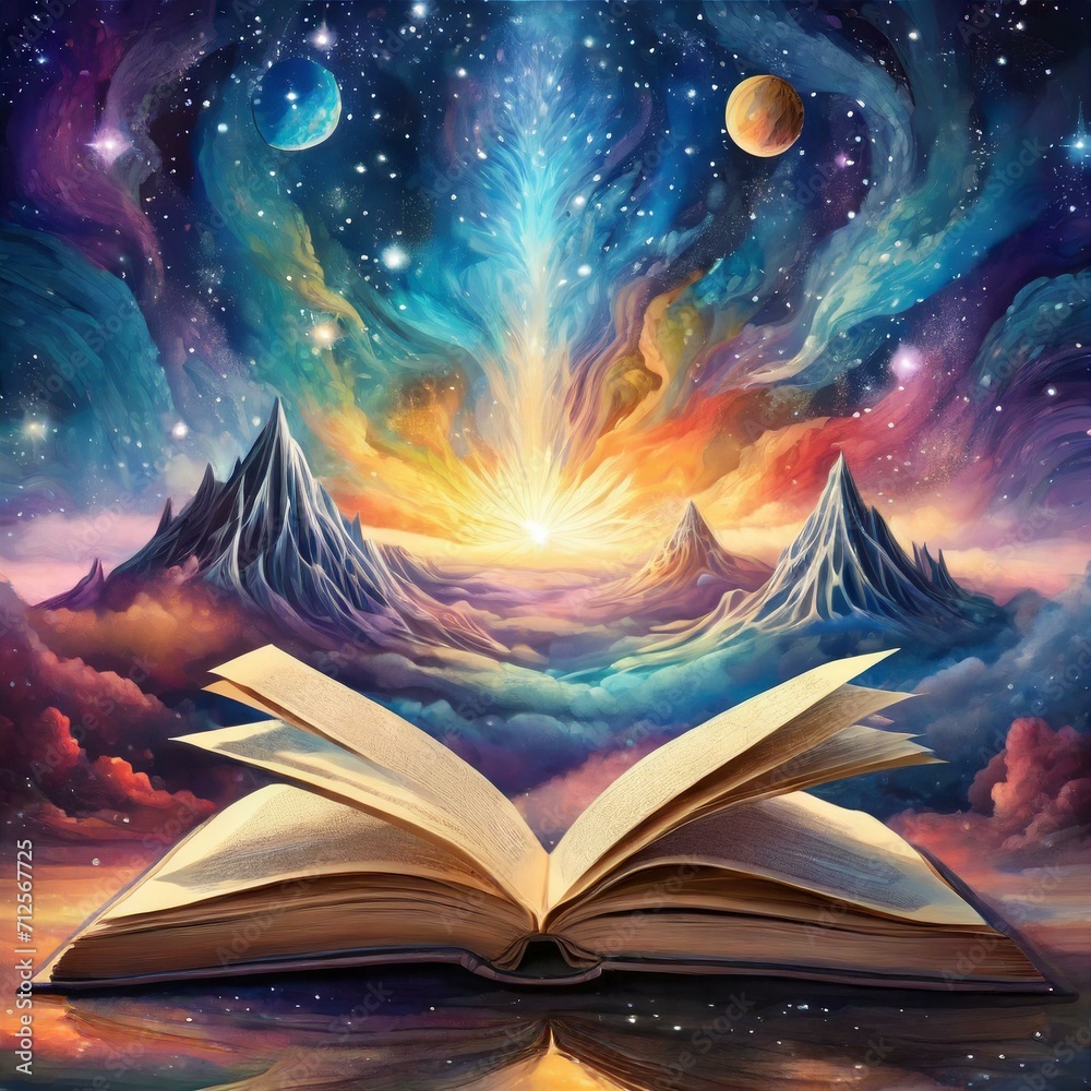 an open book titled "The Universe Unfolds," with each page transformed ...