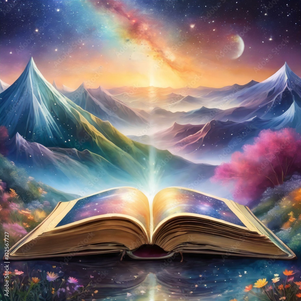 open book with magic light.an open book titled "The Universe Unfolds ...