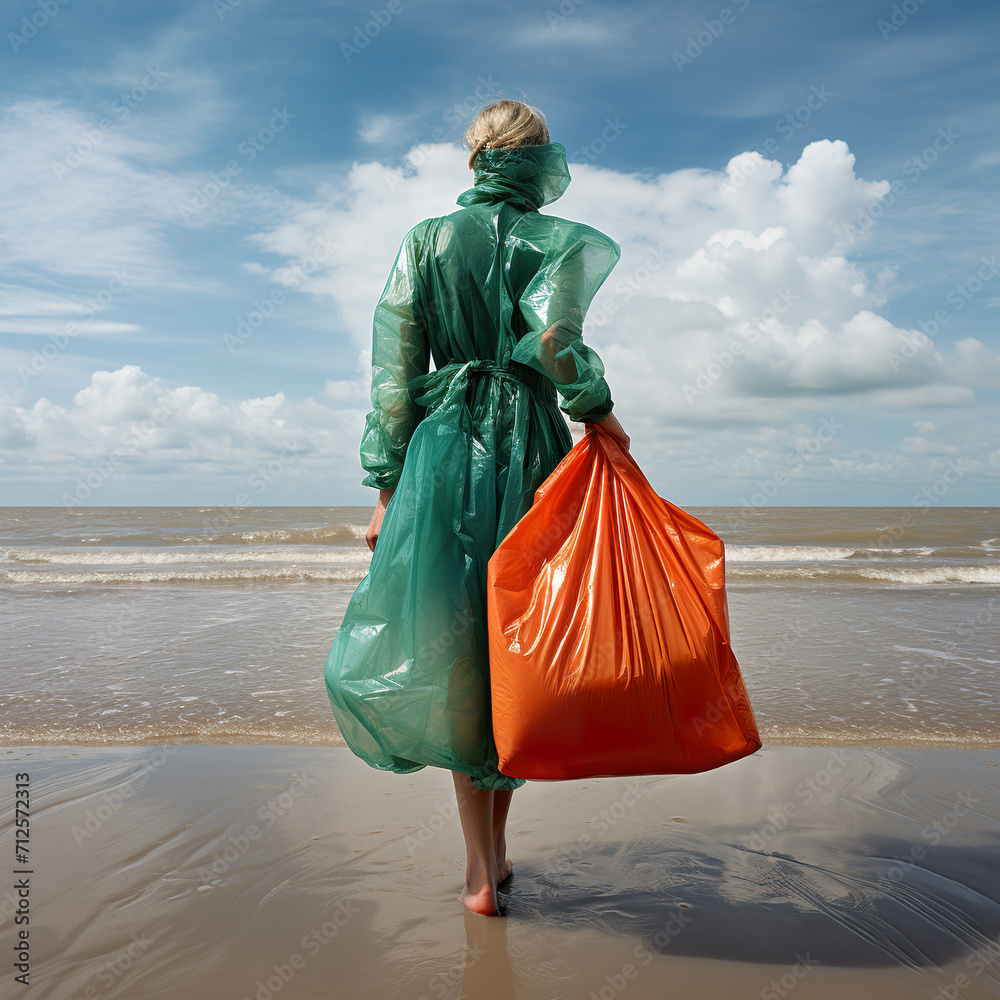 Generative AI illustration of anonymous person clad in plastic standing ...