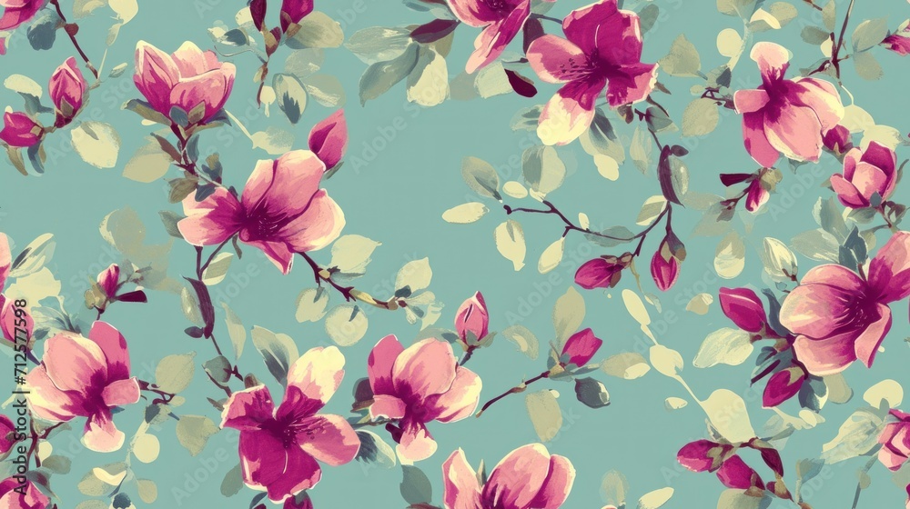 a pattern of pink flowers and leaves on a teal background with a blue ...