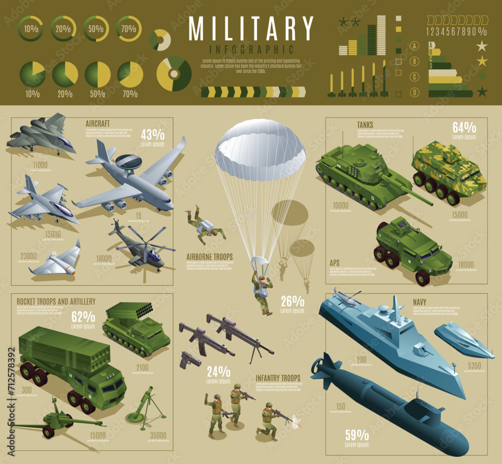 Military infographic set. Weapons, tanks, combat vehicles, helicopters ...