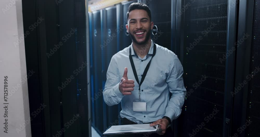 Business man, server room and thumbs up for information technology ...