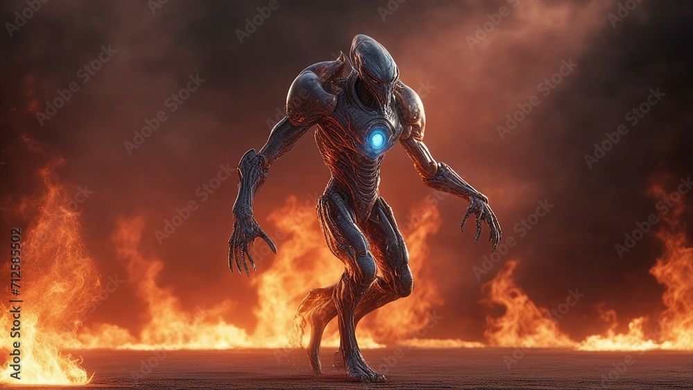 fire in the forest Futuristic walking alien monster profile with fire ...