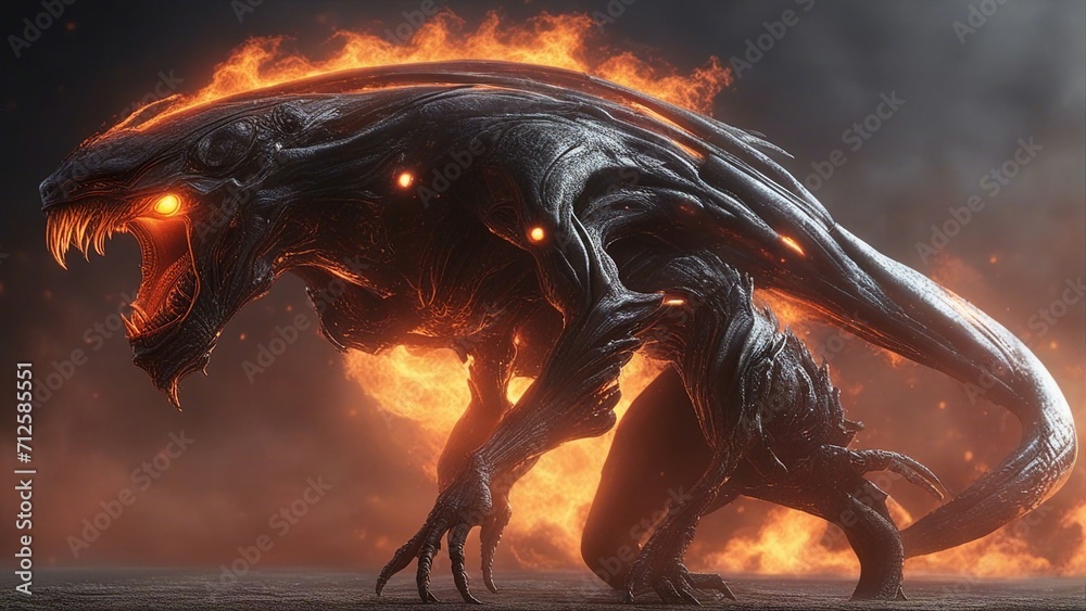 demon in fire Futuristic walking alien monster profile with fire ...