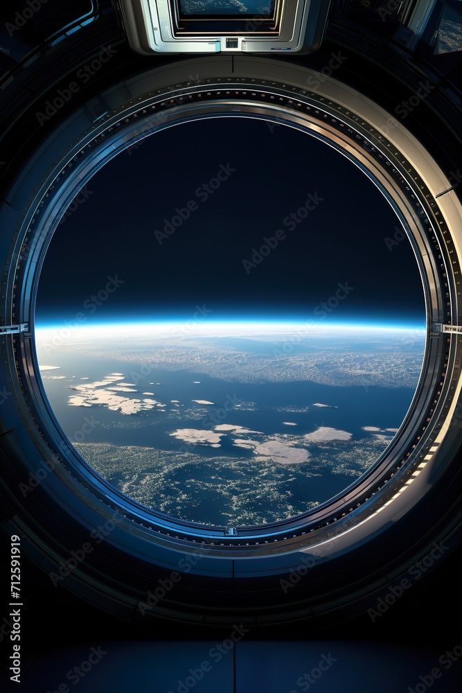 spaceship round window with sunrise over planet view, space station ...