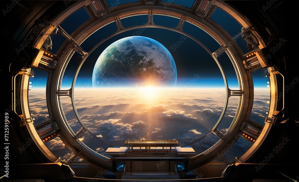spaceship window with sunrise over planet view, space station porthole ...