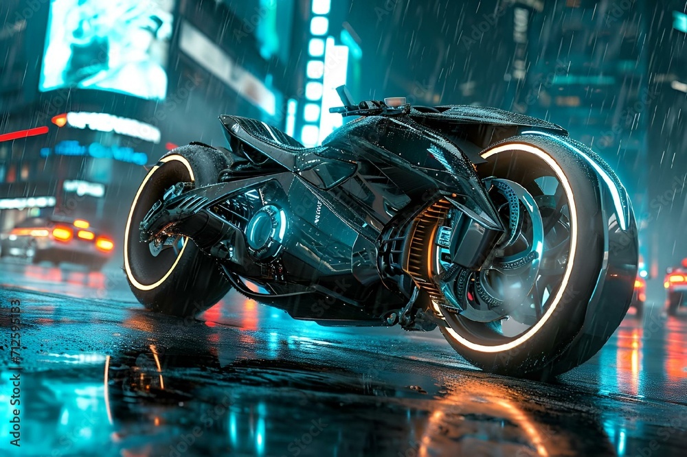 AI generated illustration of a sleek motorcycle in a futuristic cyber ...
